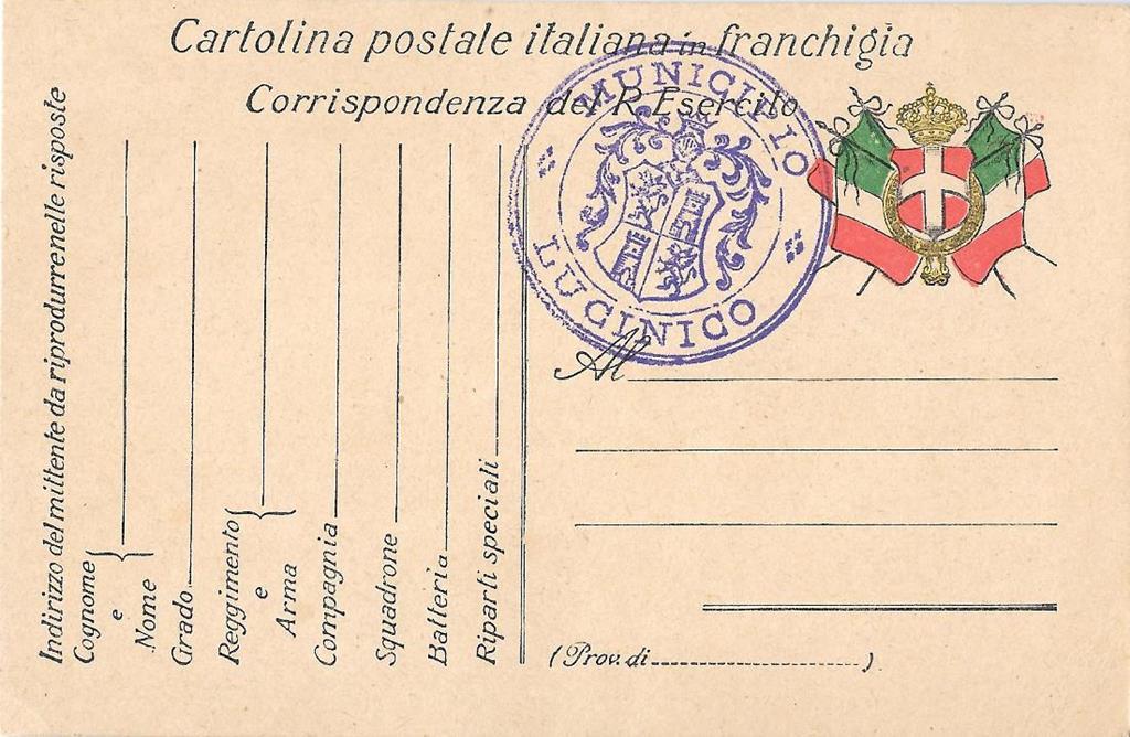 Cartolina postale in franchigia. Timbro comune di Lucinasco (IM). Non ...